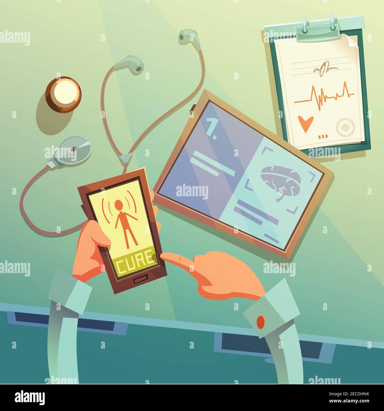 Online medical help cartoon background with medical equipment vector ...