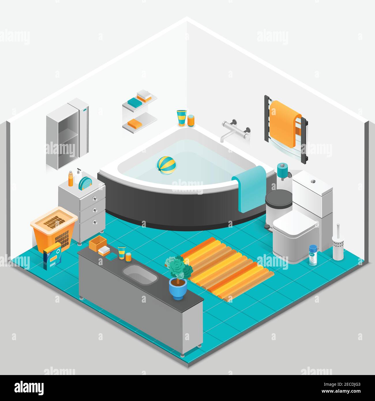 Bathroom interior design with bath mirror and toilet isometric vector ...