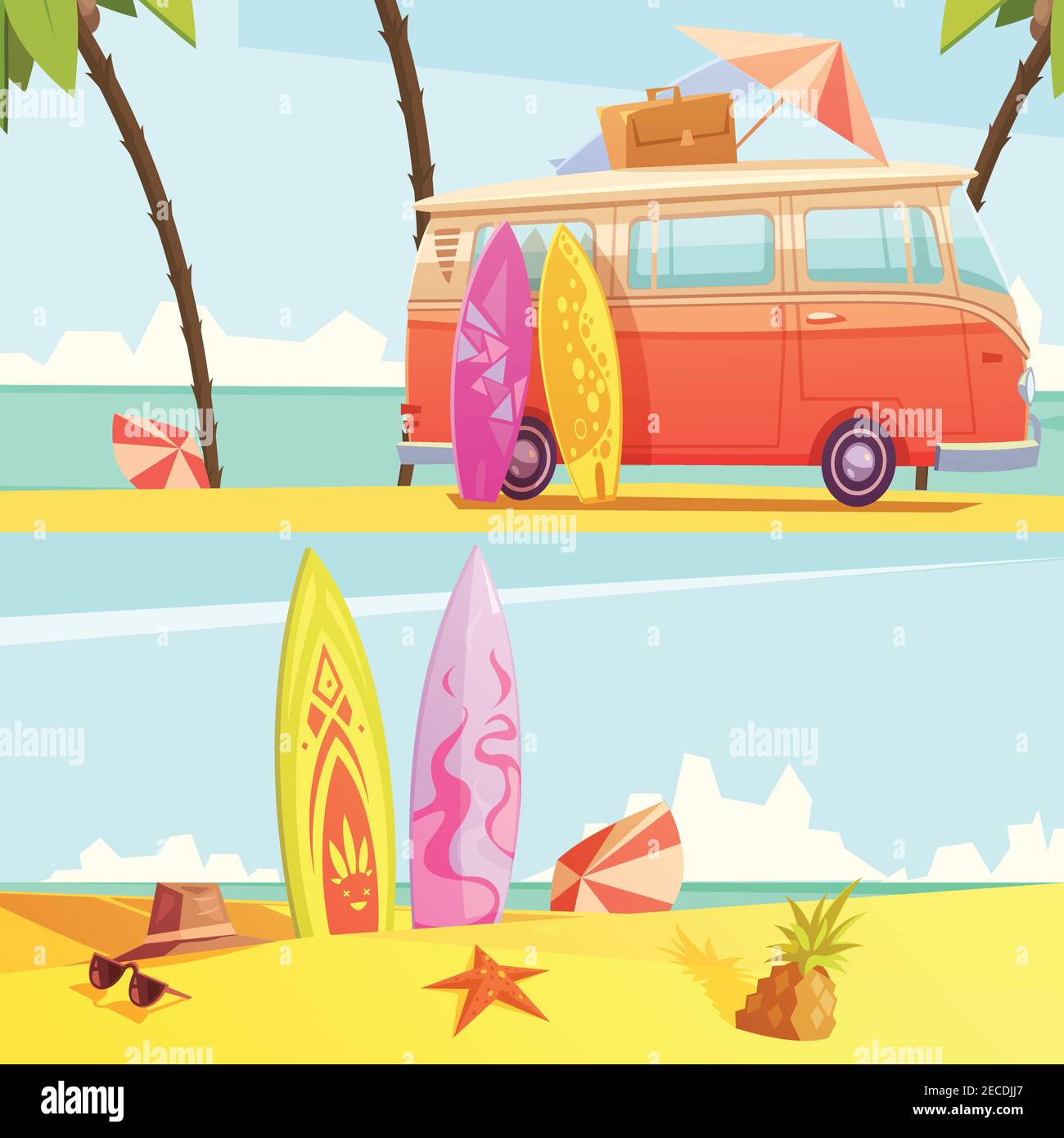 Horizontal surfing banners with bus ready for trip and surfboards on ...
