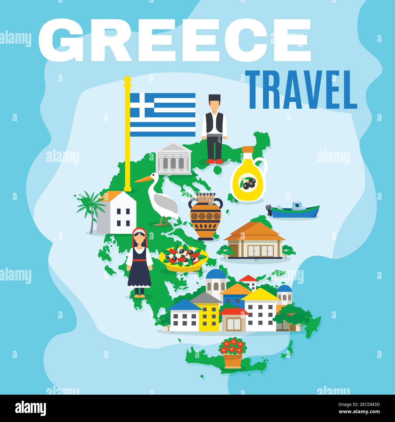 Greek poster with mainland map and main attractions sightseeing and ...