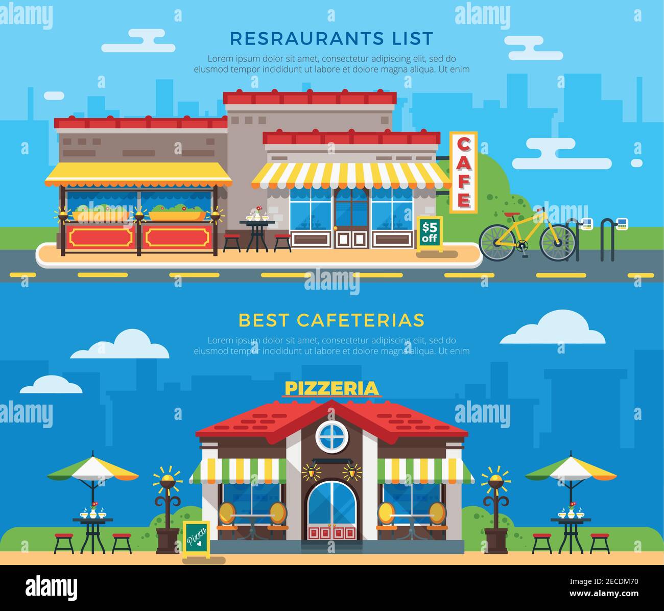 Best cafeterias and restaurants list banners with nice colorful cafe ...