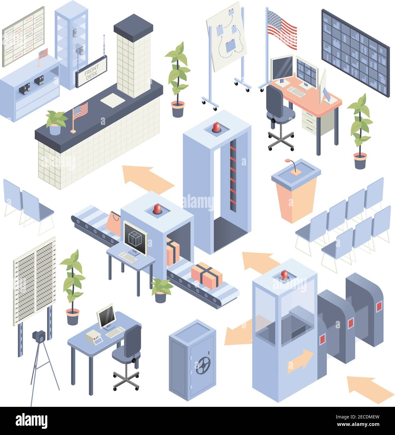 Police department interior with turnstile scanner tribune seats flags ...
