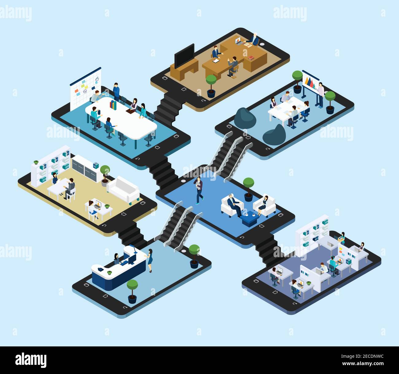 Isometric abstract scheme with 3d icons of rooms of online office ...