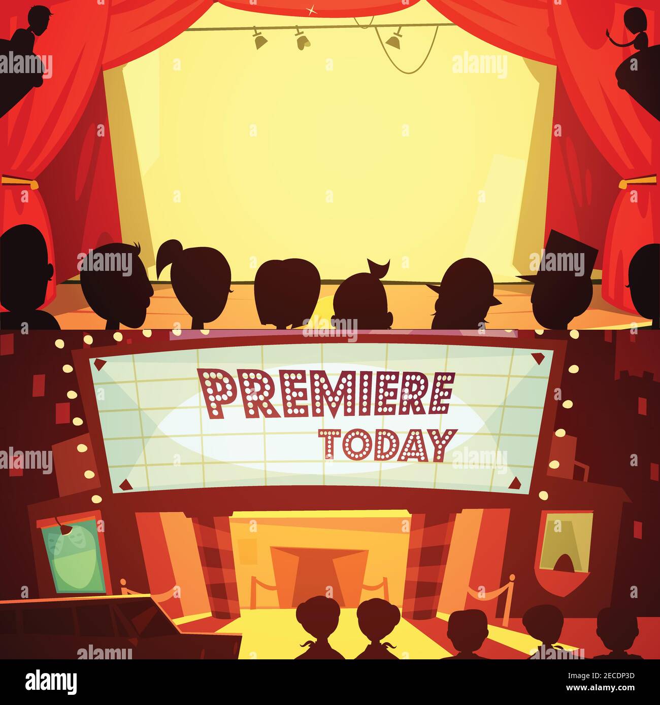 Theatre retro cartoon banner set with spectators silhouettes isolated ...