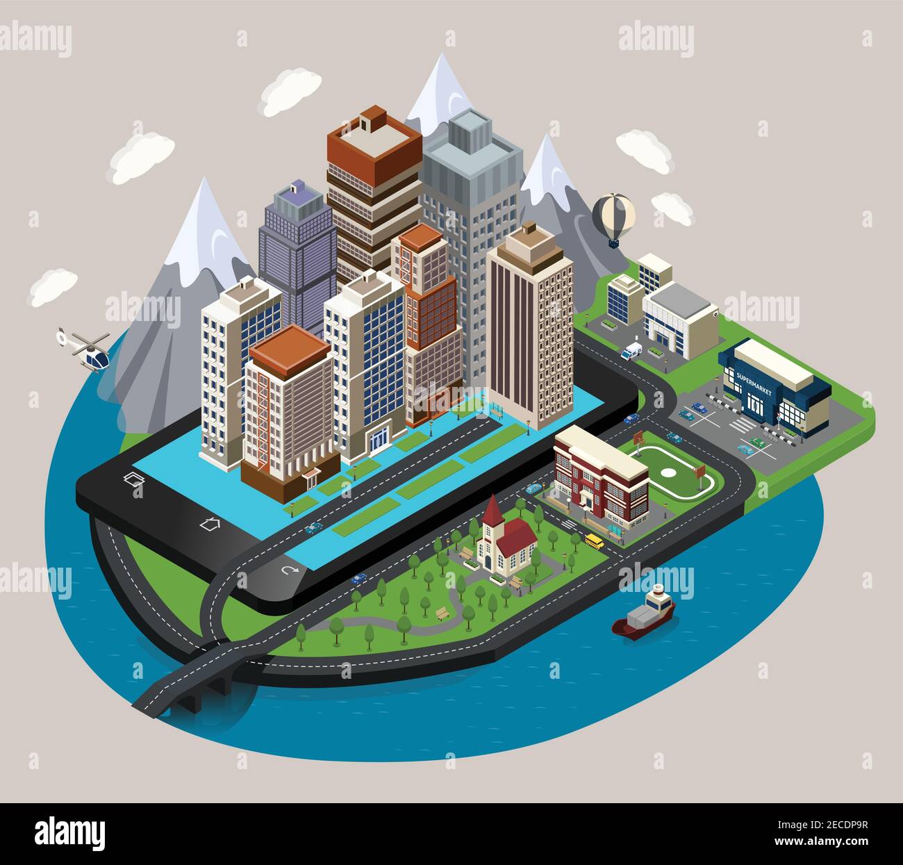 Isometric mobile city concept with abstract buildings street ...