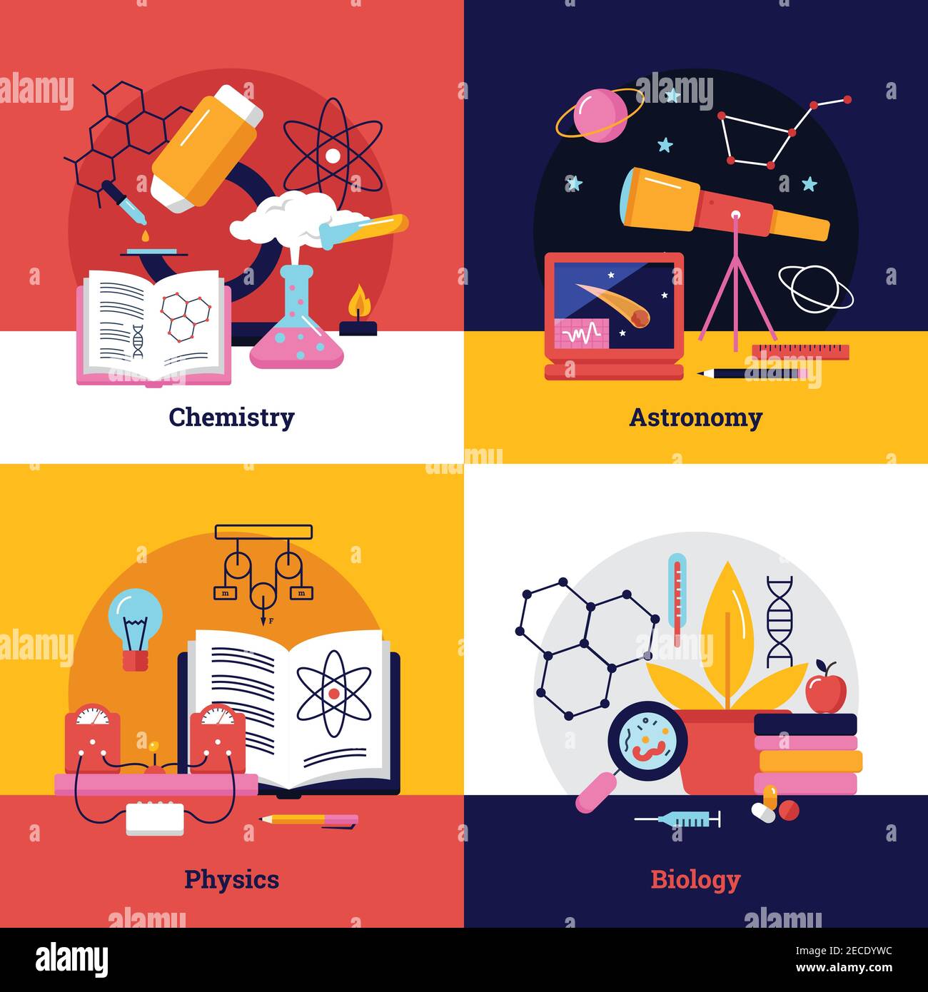 Science square banners about chemistry biology physics astronomy vector ...