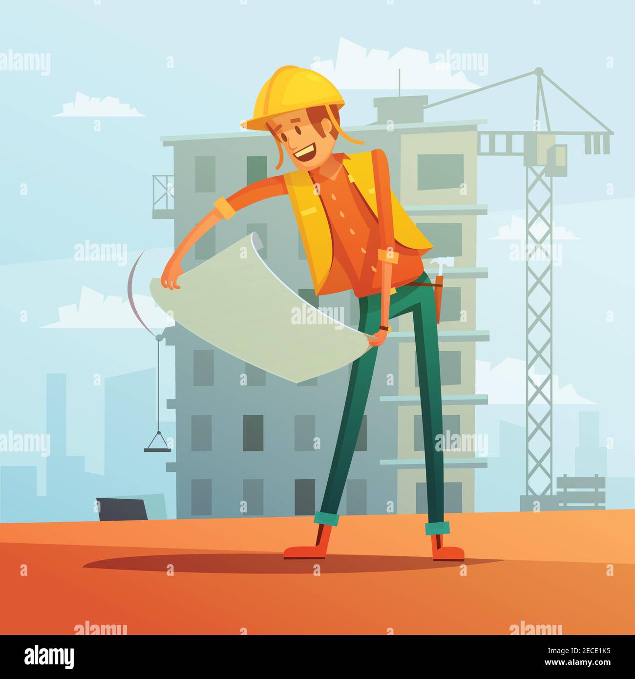 Builder and building plan cartoon background with house and crane ...