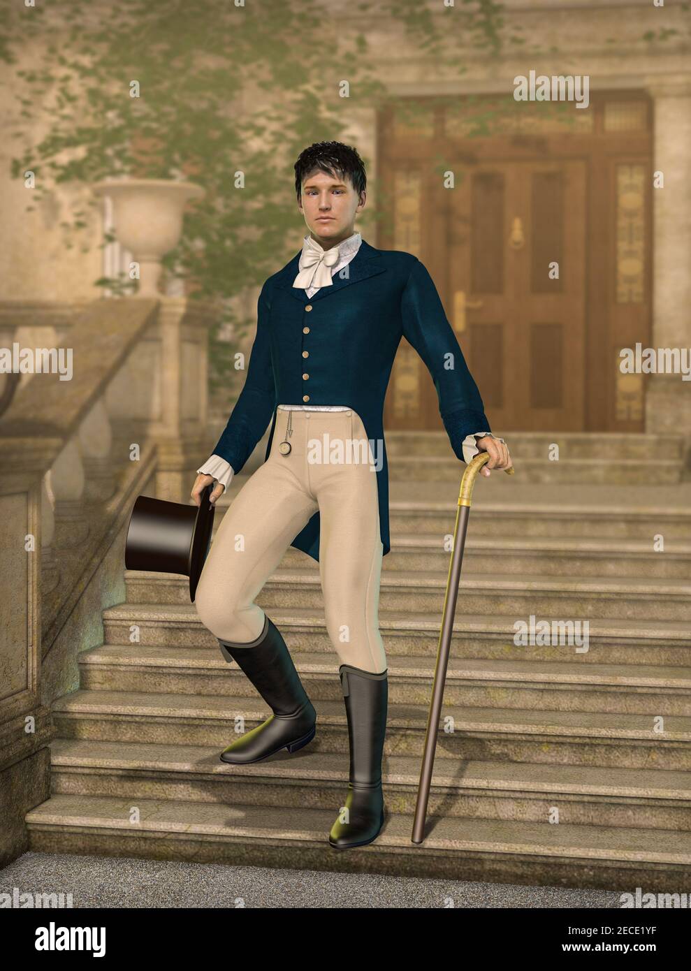 Elegant young gentleman dandy dressed in Regency fashion holding a hat ...