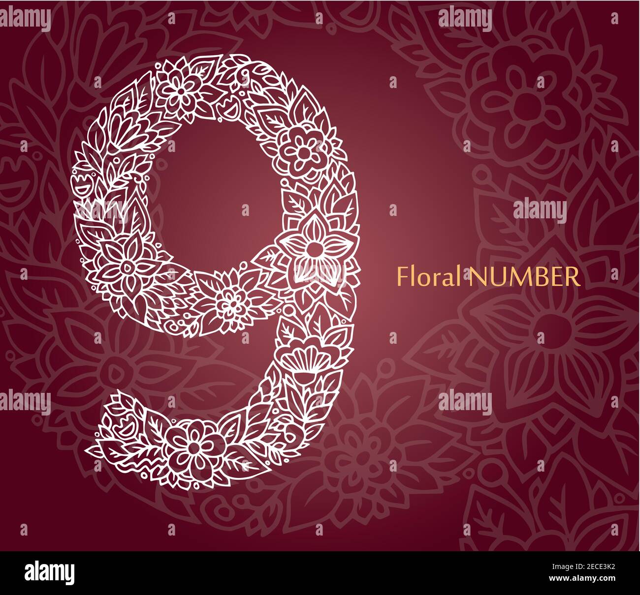 Floral number 9 made of white line leaves and flowers on burgundy ...
