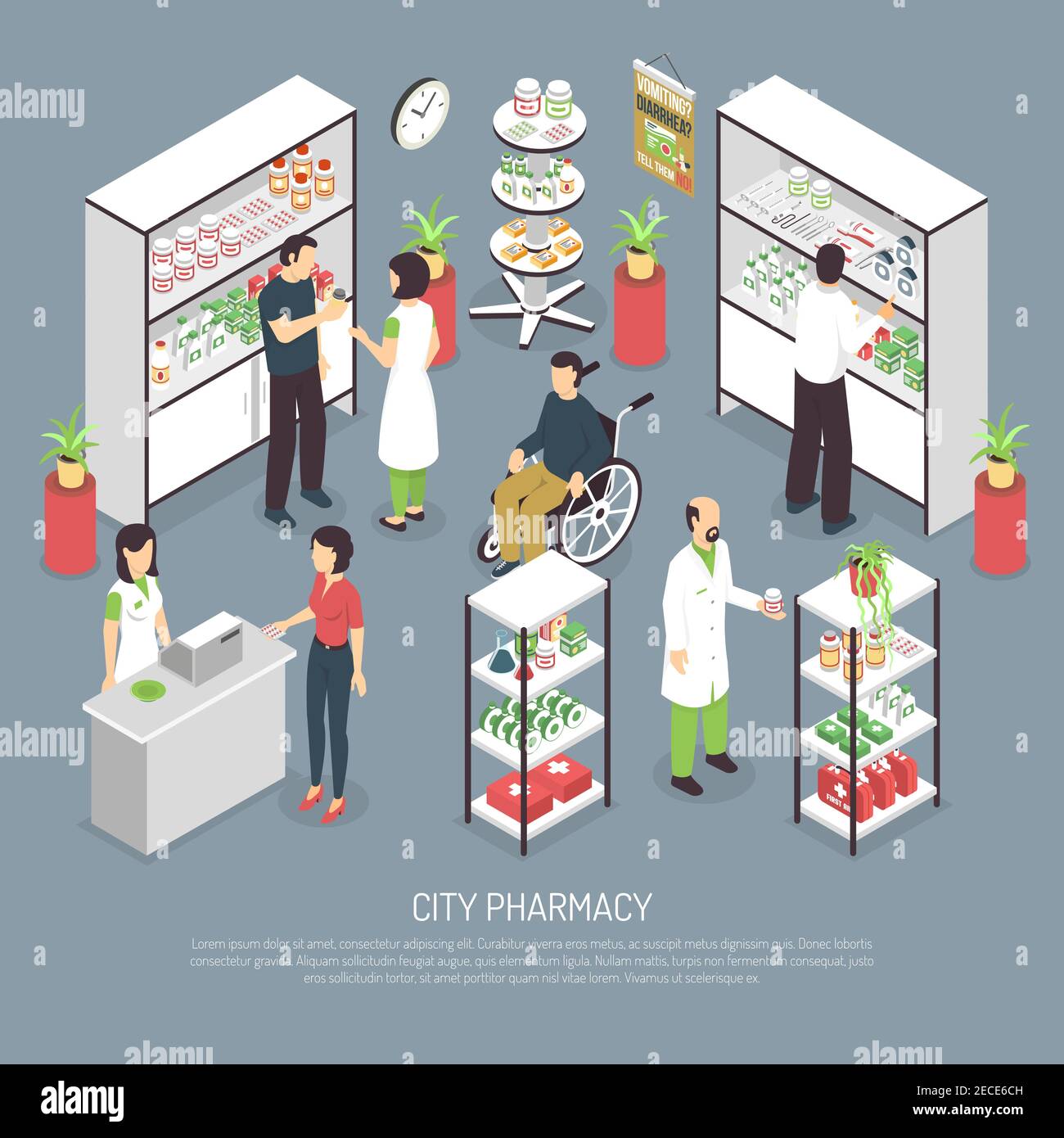 City Pharmacy interior isometric poster with apothecary attending ...