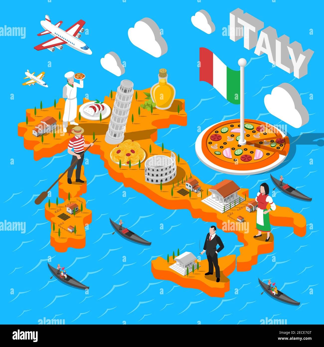 Italy isometric cultural sightseeing map for tourists with pizza ...