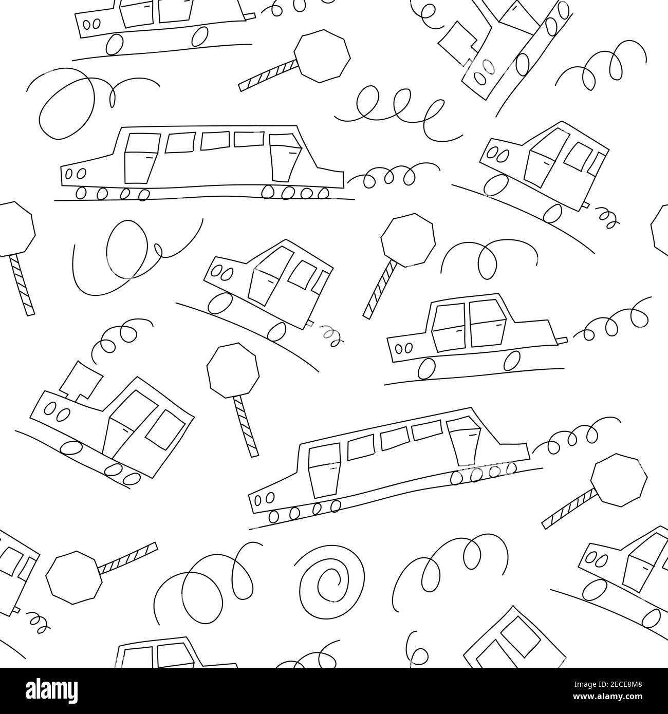 Doodle monoline cars background. Seamless baby boy pattern in vector ...