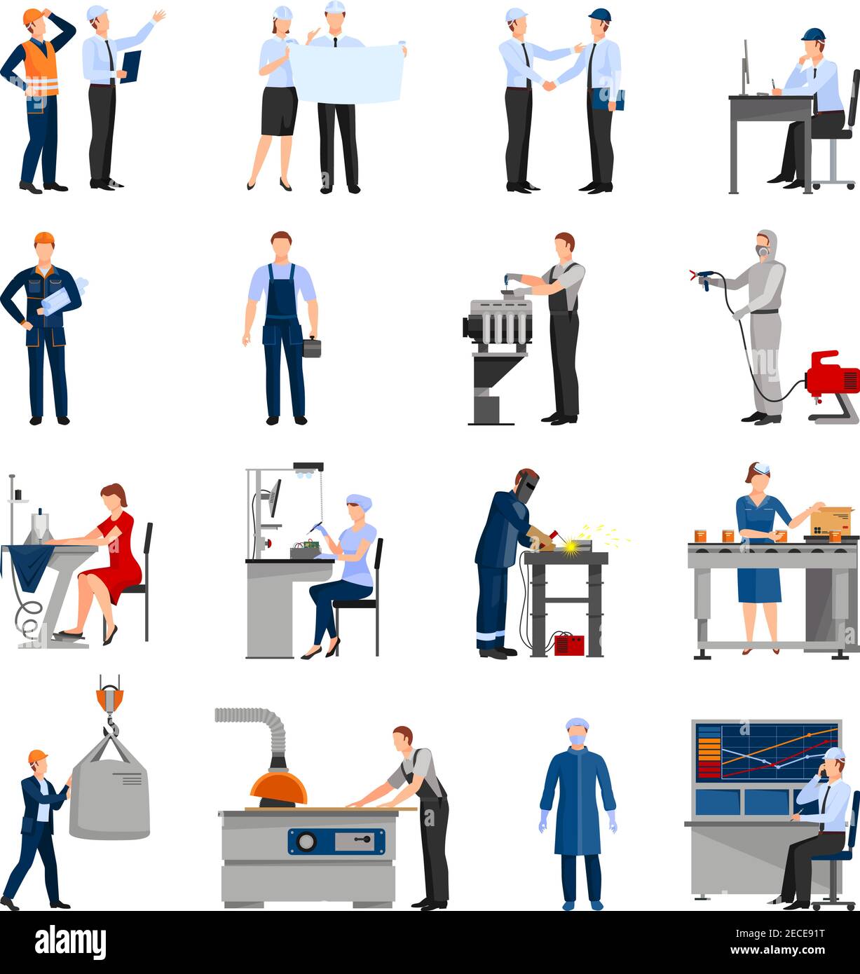Icons set of drawn in flat style different factory workers from ...