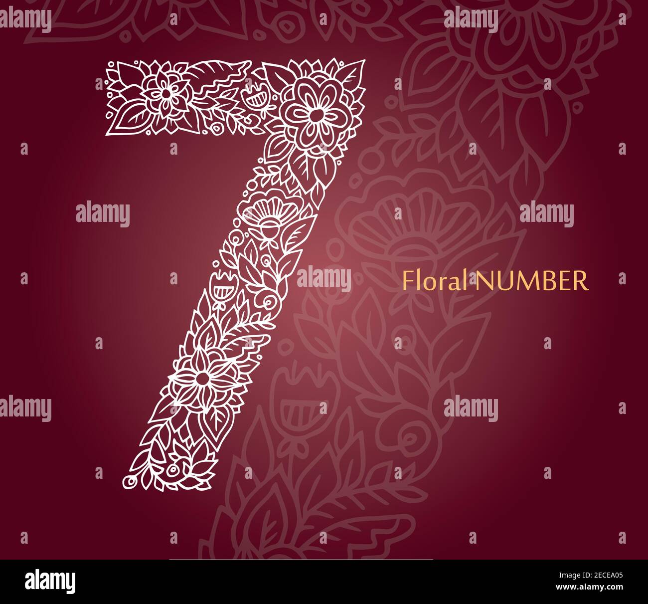 Floral number 7 made of white line leaves and flowers on burgundy ...