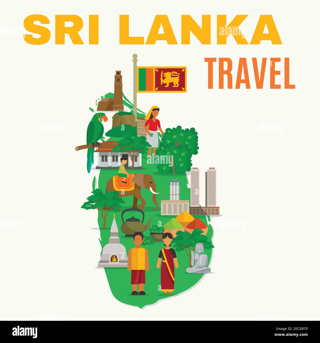 Color flat illustration depicting all features Sri Lunka culture on map ...