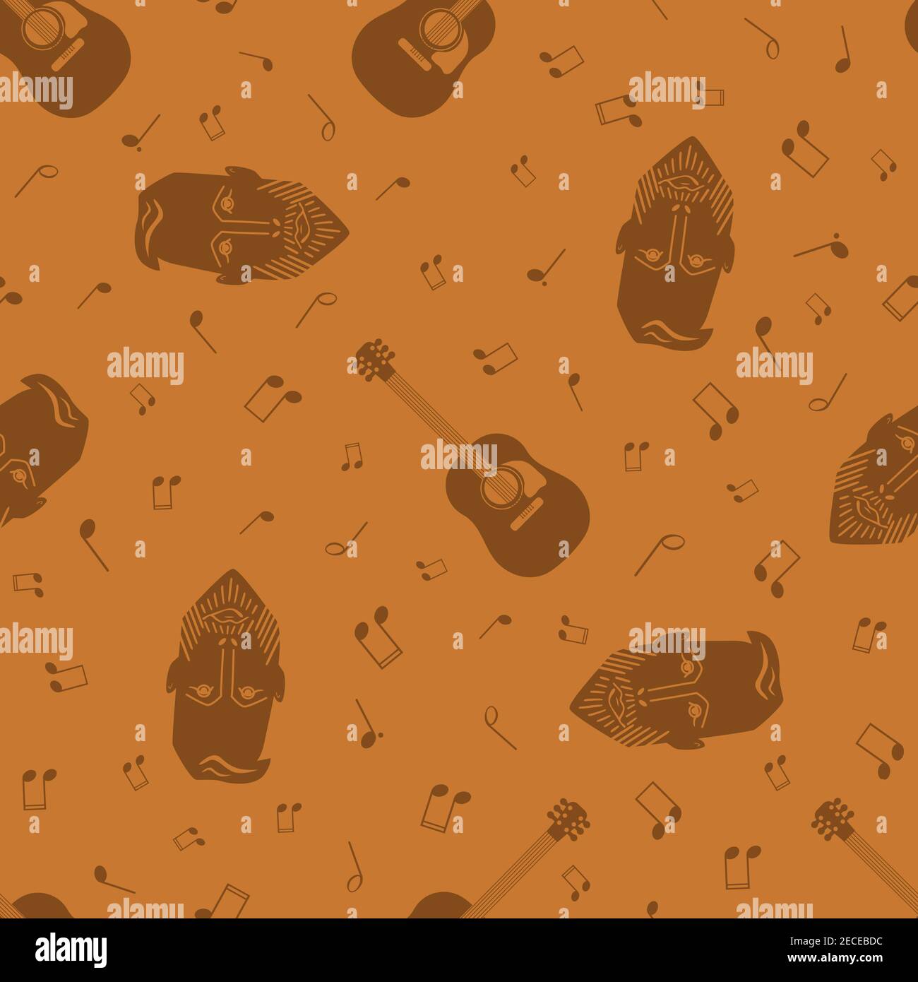 Acoustic guitar, male face, music notes vector seamless pattern ...