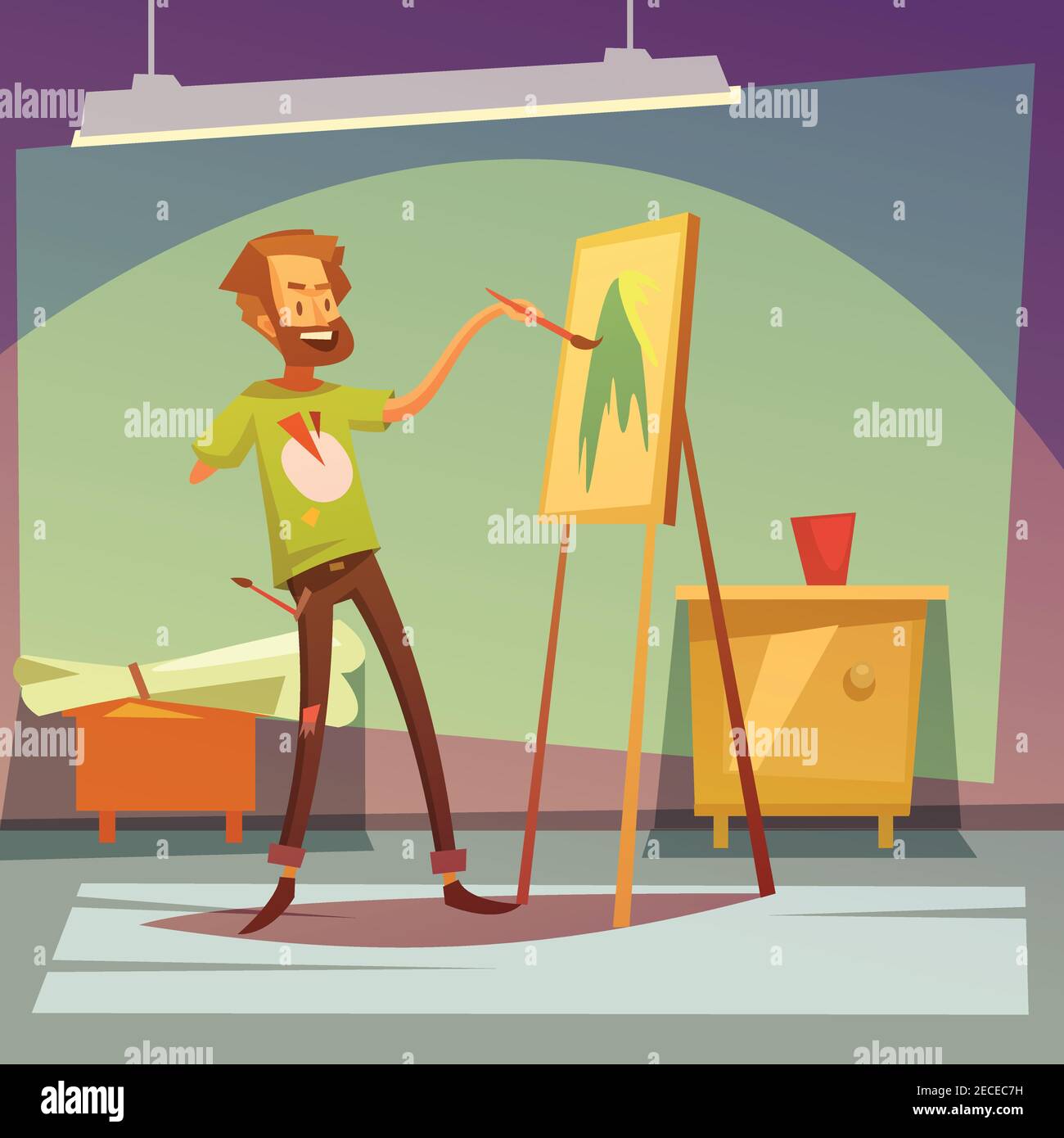 Color cartoon illustration depicting disabled artist painting without ...