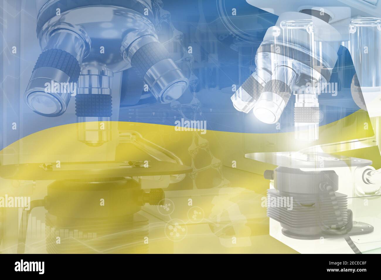 Ukraine science development conceptual background - microscope on flag ...