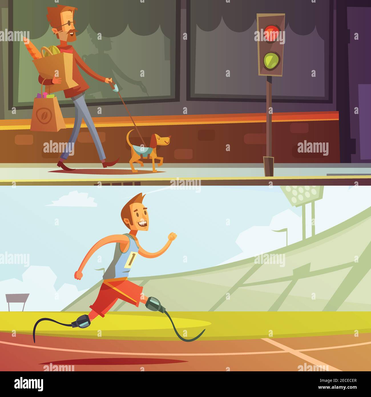 Color cartoon illustration depicting disabled people blind man with dog ...