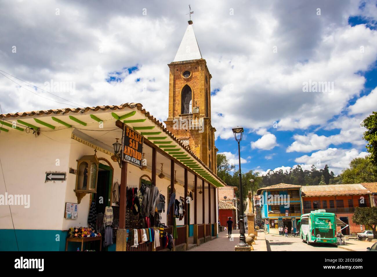 RAQUIRA, COLOMBIA - FEBRUARY 2021. Tower of the San Antonio church and ...