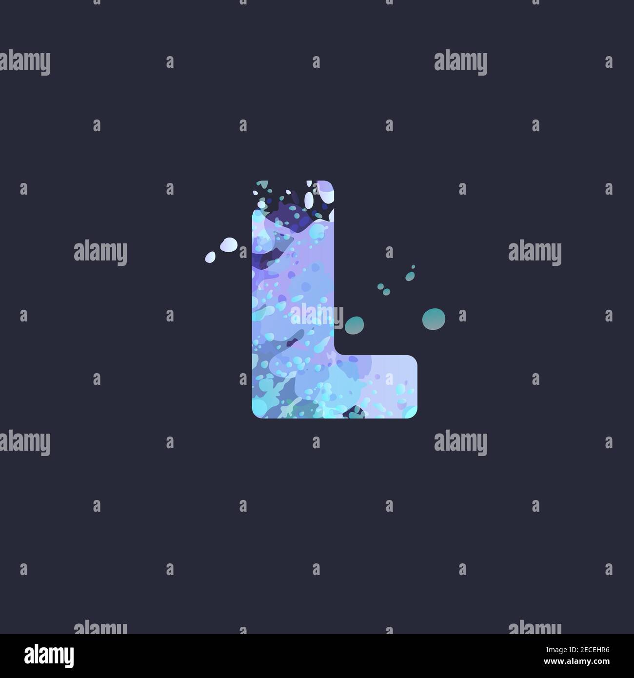 Bold letter L with effect of liquid spots of paint in blue, white ...