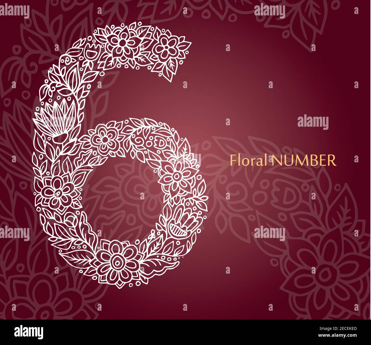 Floral number 6 made of white line leaves and flowers on burgundy ...