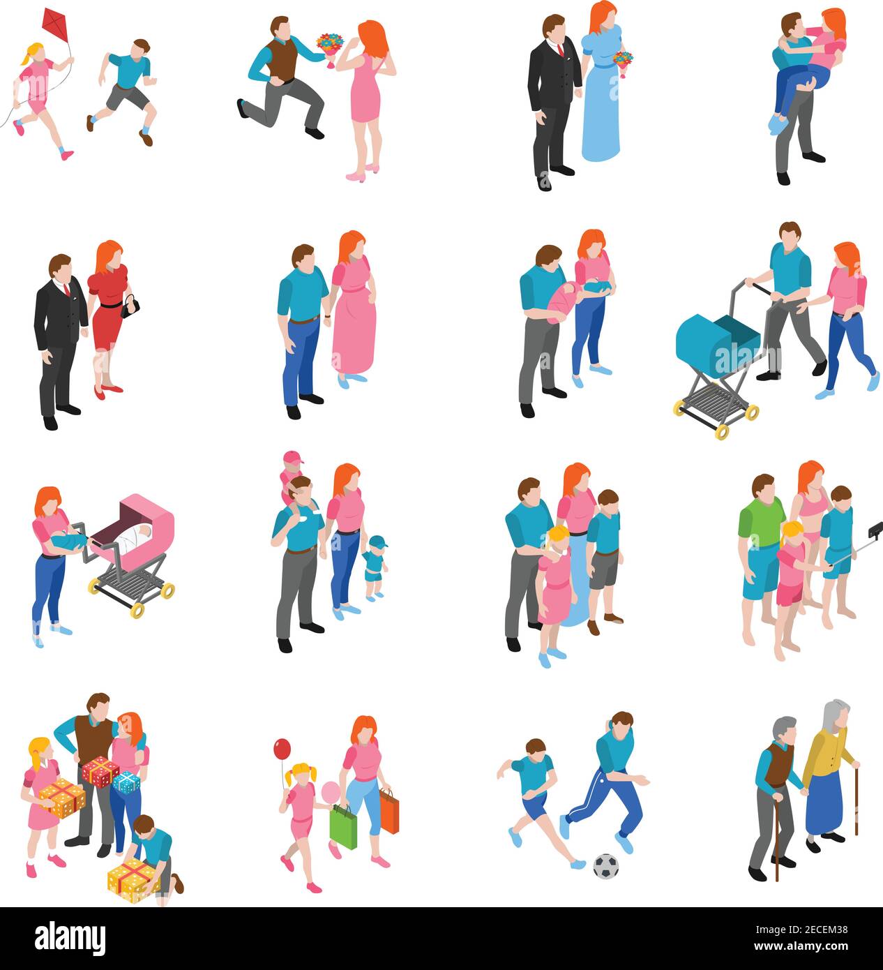 Family relations isometric icons set with engagement marriage parents ...