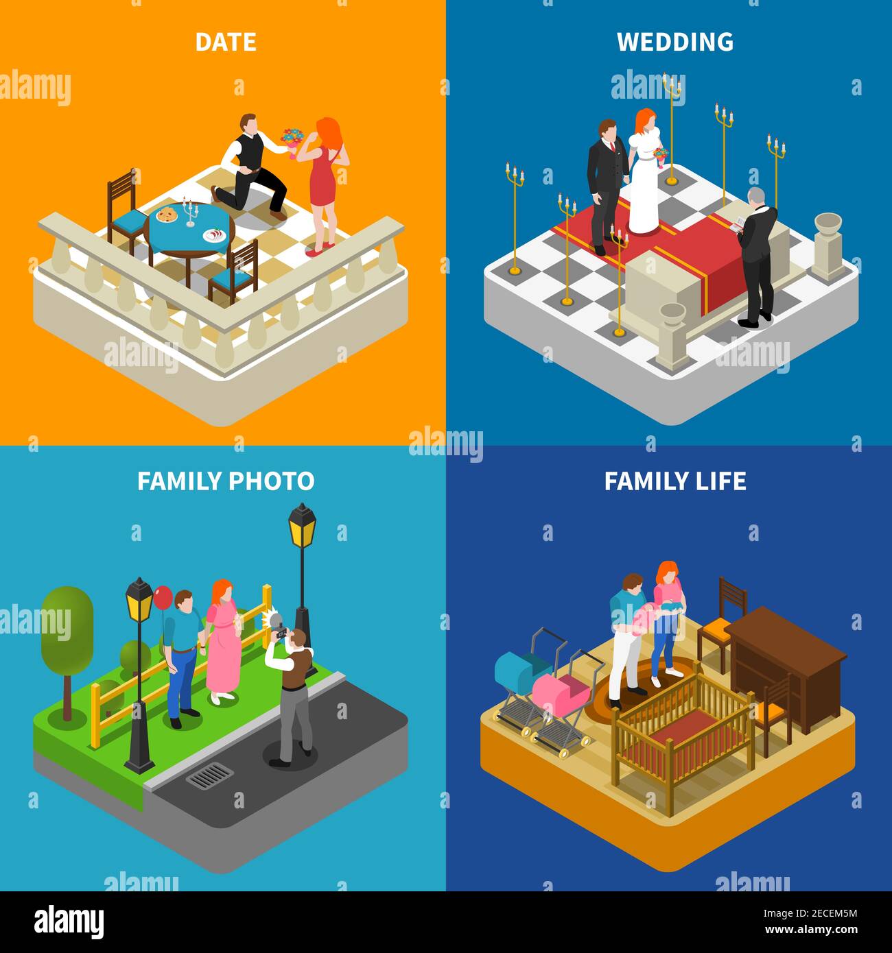 Family photos 4 isometric icons square composition poster with wedding ...