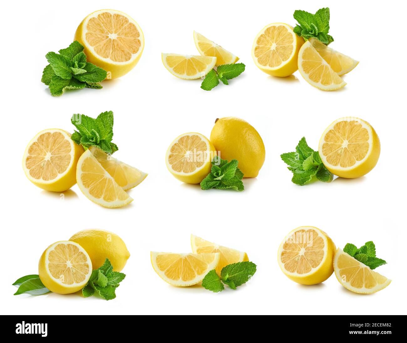 lemon and bunch of mint leaves set isolated on white background Stock ...
