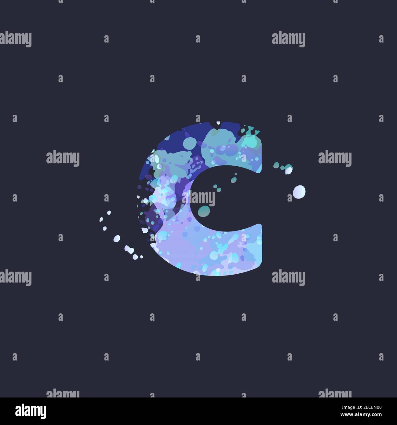 Bold letter C with effect of liquid spots of paint in blue, white ...