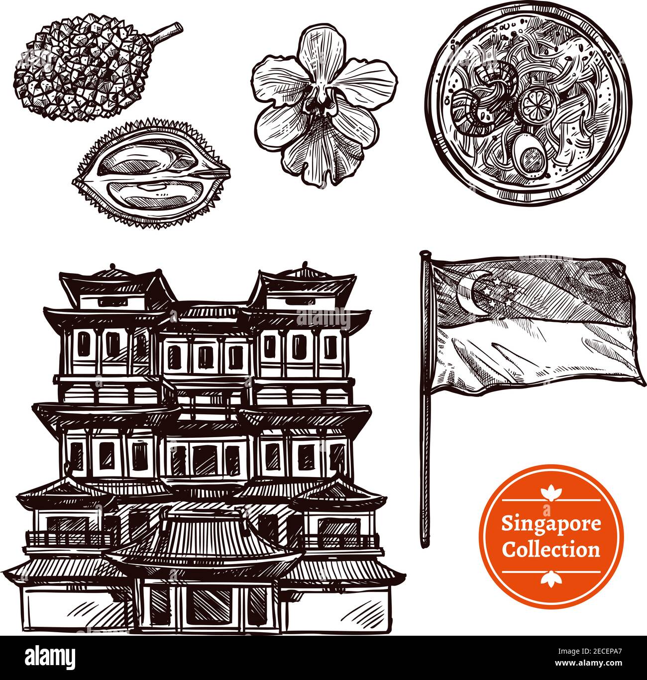 Black and white singapore hand drawn sketch set with symbols ... Black and white singapore hand drawn sketch set with symbols ...