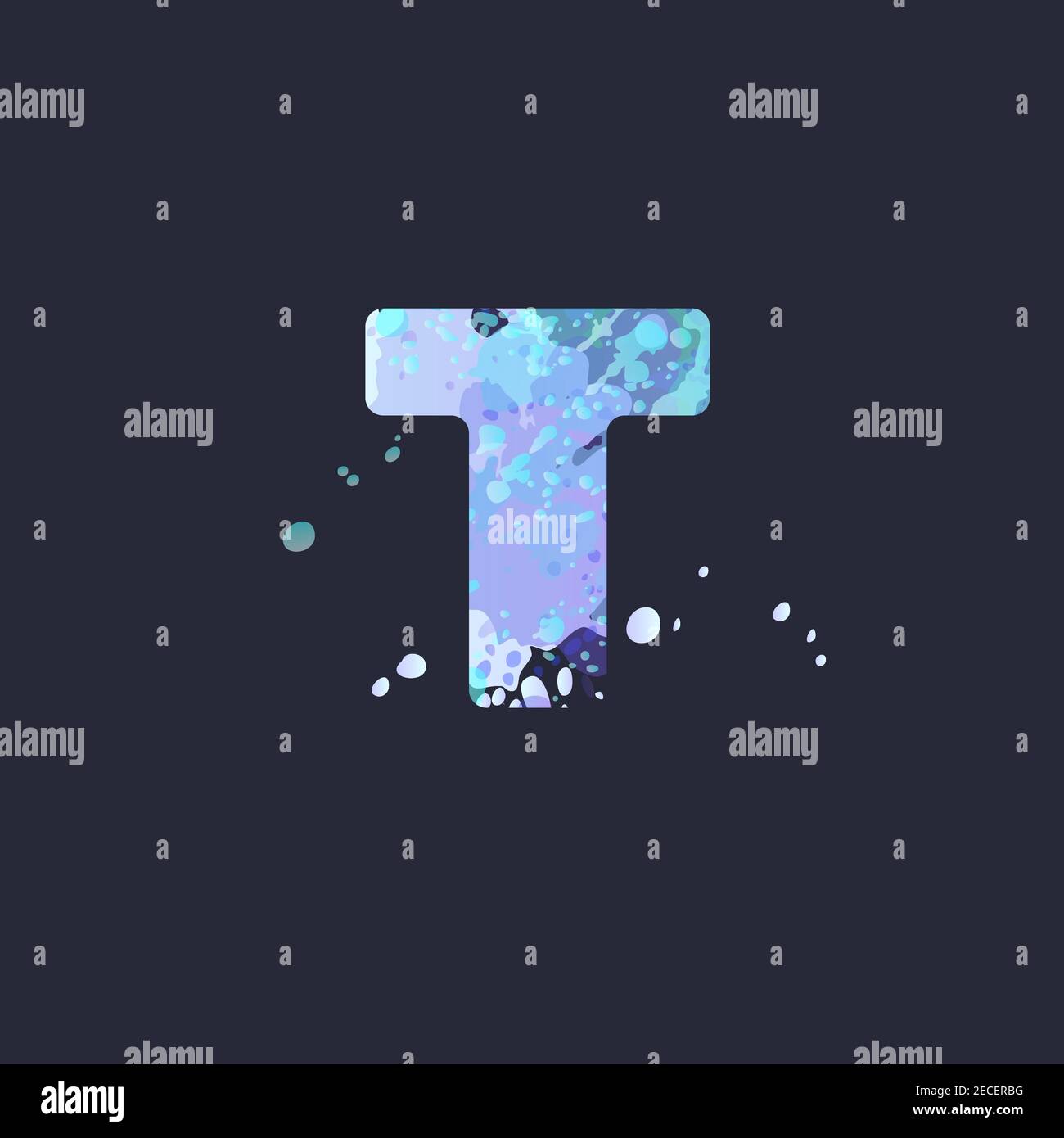Bold letter T with effect of liquid spots of paint in blue, white ...