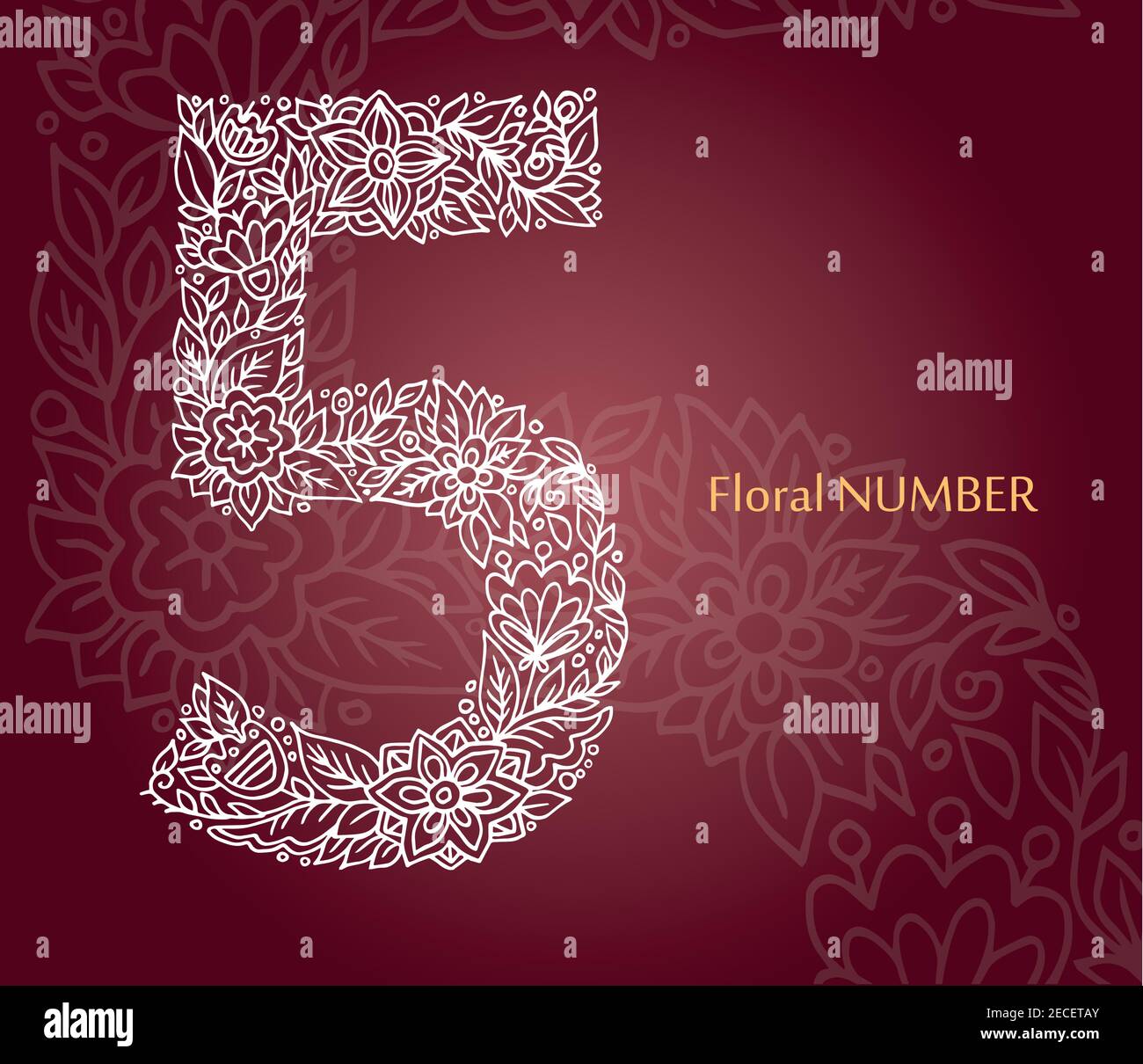 Floral number 5 made of white line leaves and flowers on burgundy ...