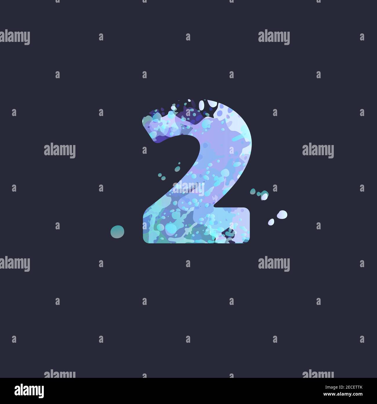 Bold number 2 with effect of liquid spots of paint in blue, white ...