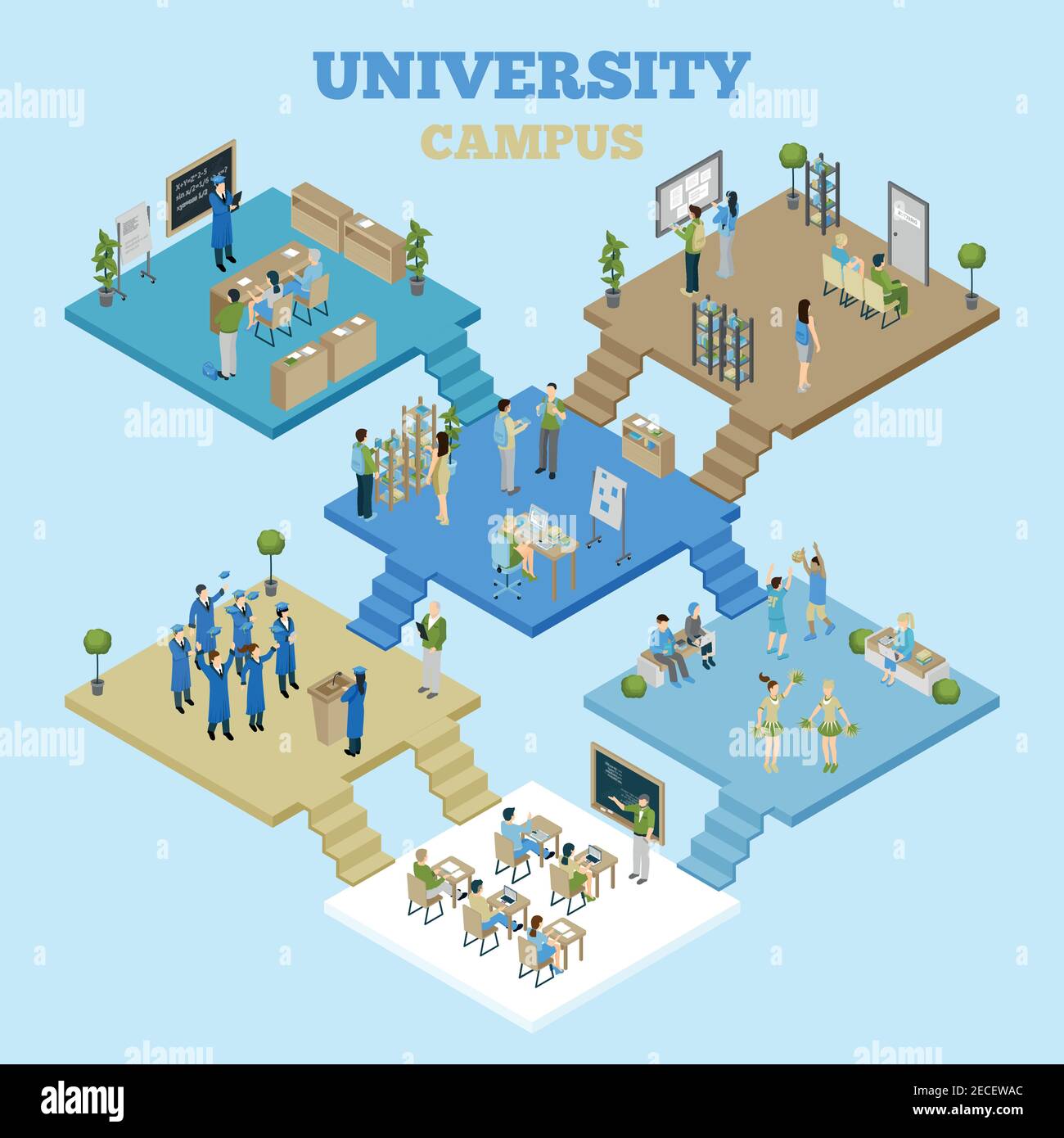 University campus isometric illustration with classrooms and students ...