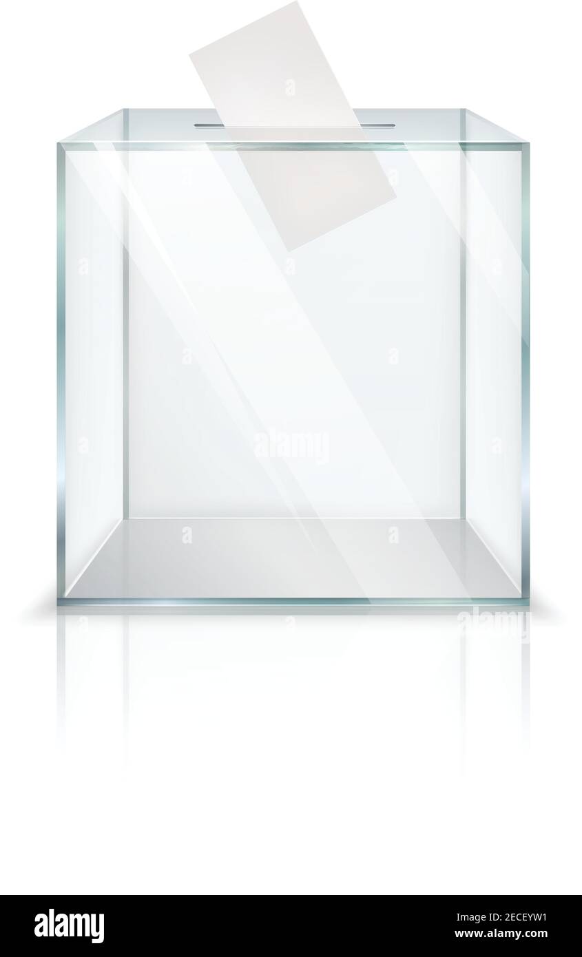 Realistic empty transparent ballot box with voting paper in hole on ...