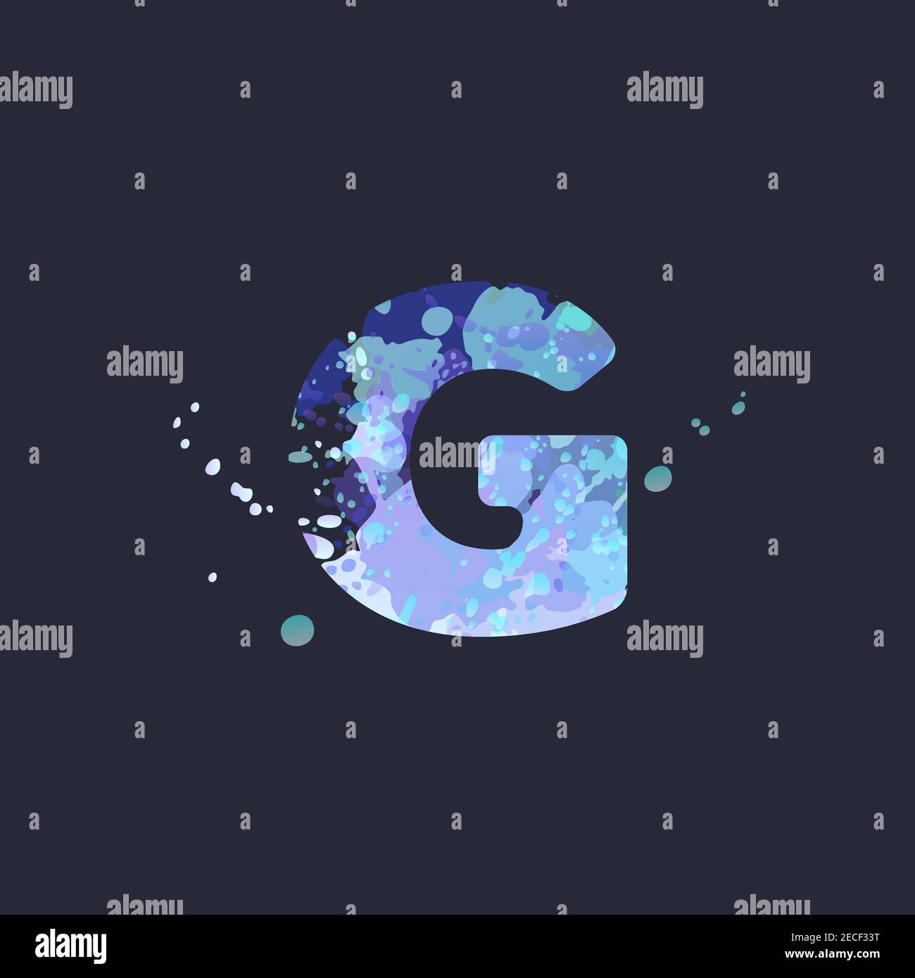 Bold letter G with effect of liquid spots of paint in blue, white ...