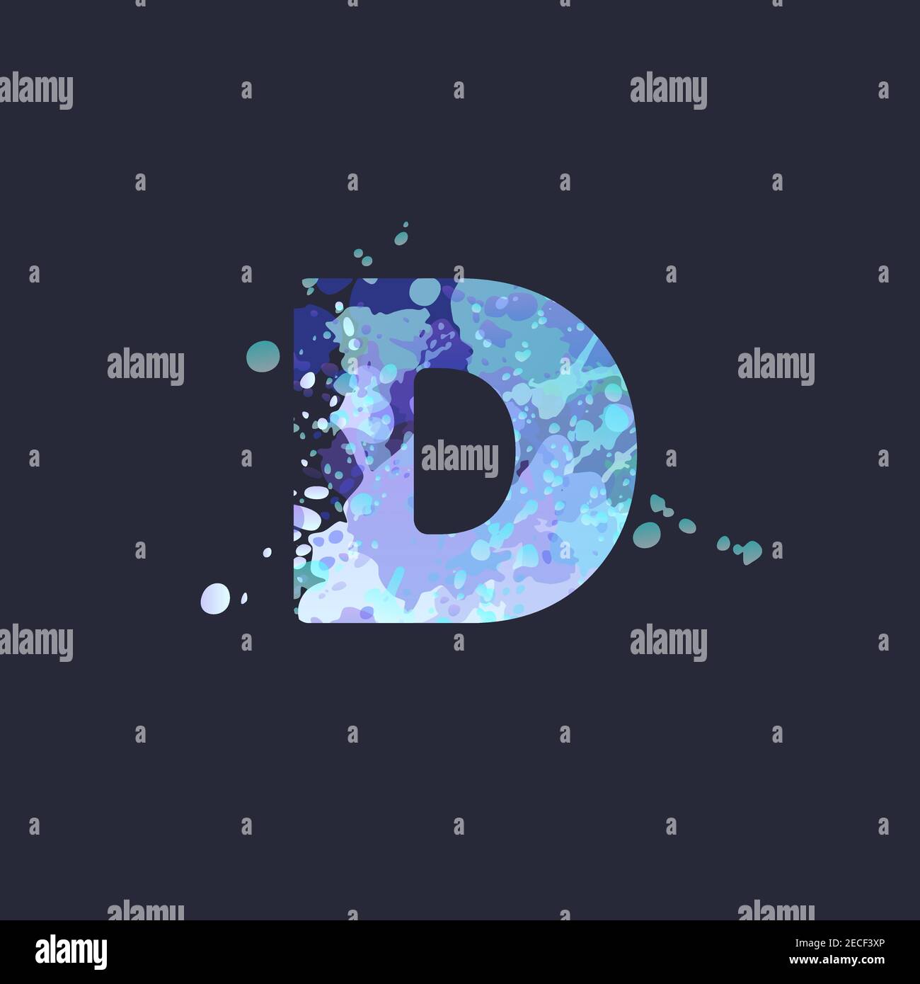 Bold letter D with effect of liquid spots of paint in blue, white ...