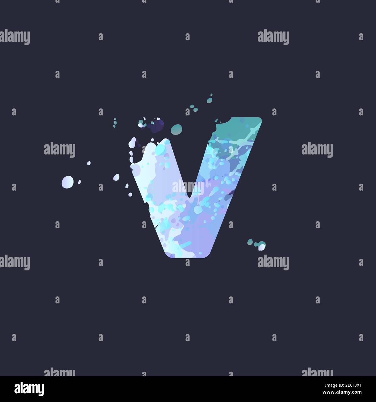 Bold letter V with effect of liquid spots of paint in blue, white ...
