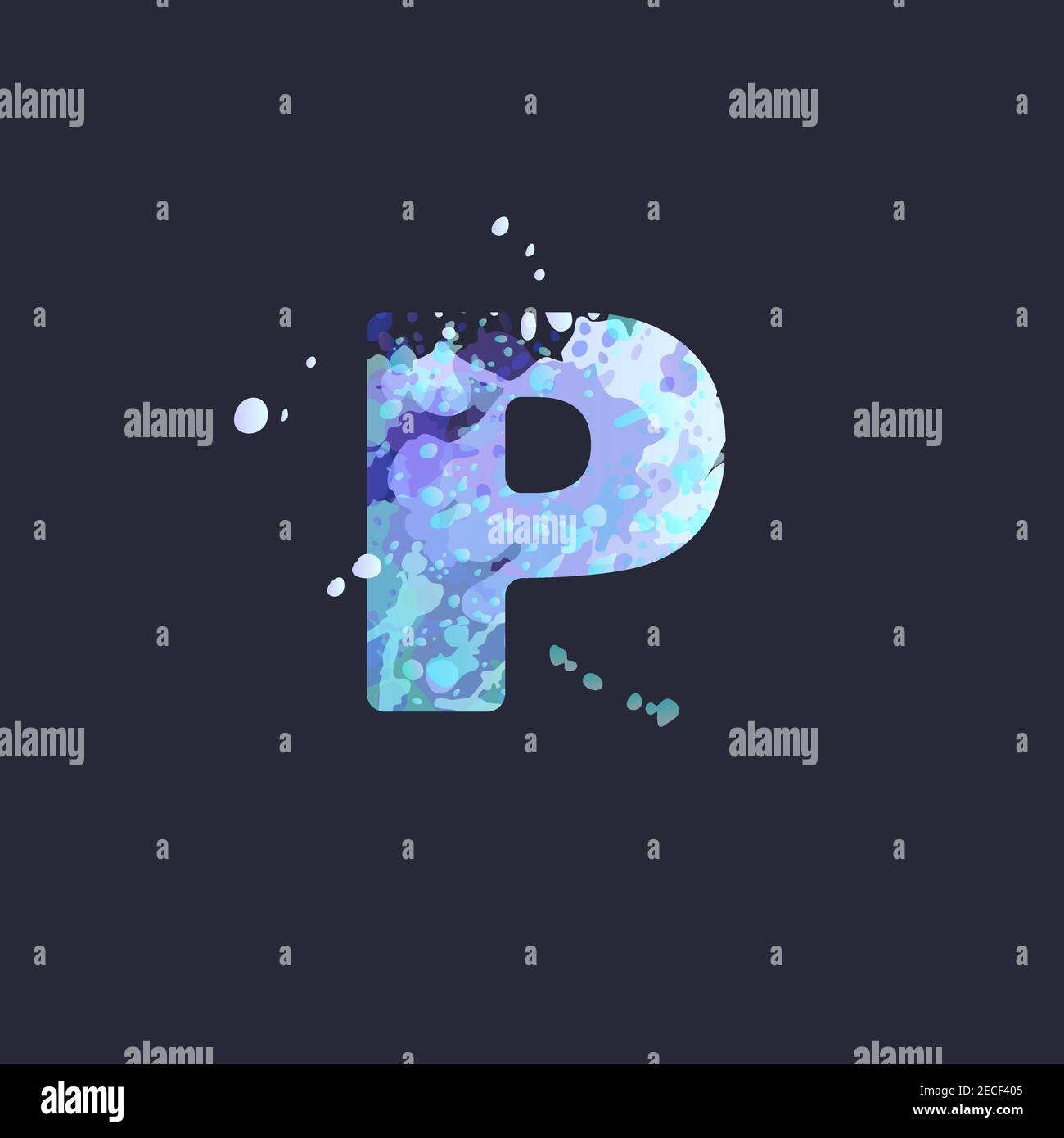 Bold letter P with effect of liquid spots of paint in blue, white ...