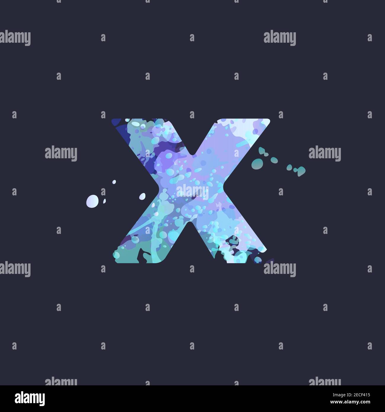 Bold letter X with effect of liquid spots of paint in blue, white ...