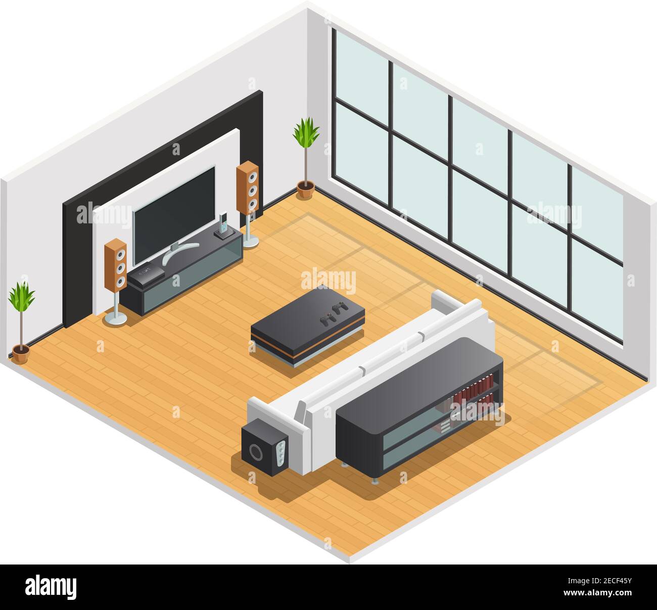 Living room or hotel lounge with large tv screen speakers and white ...