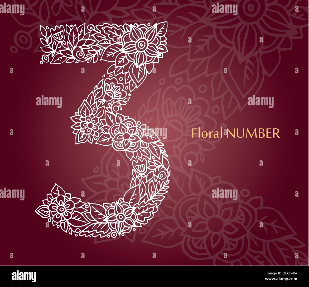 Floral number 3 made of white line leaves and flowers on burgundy ...
