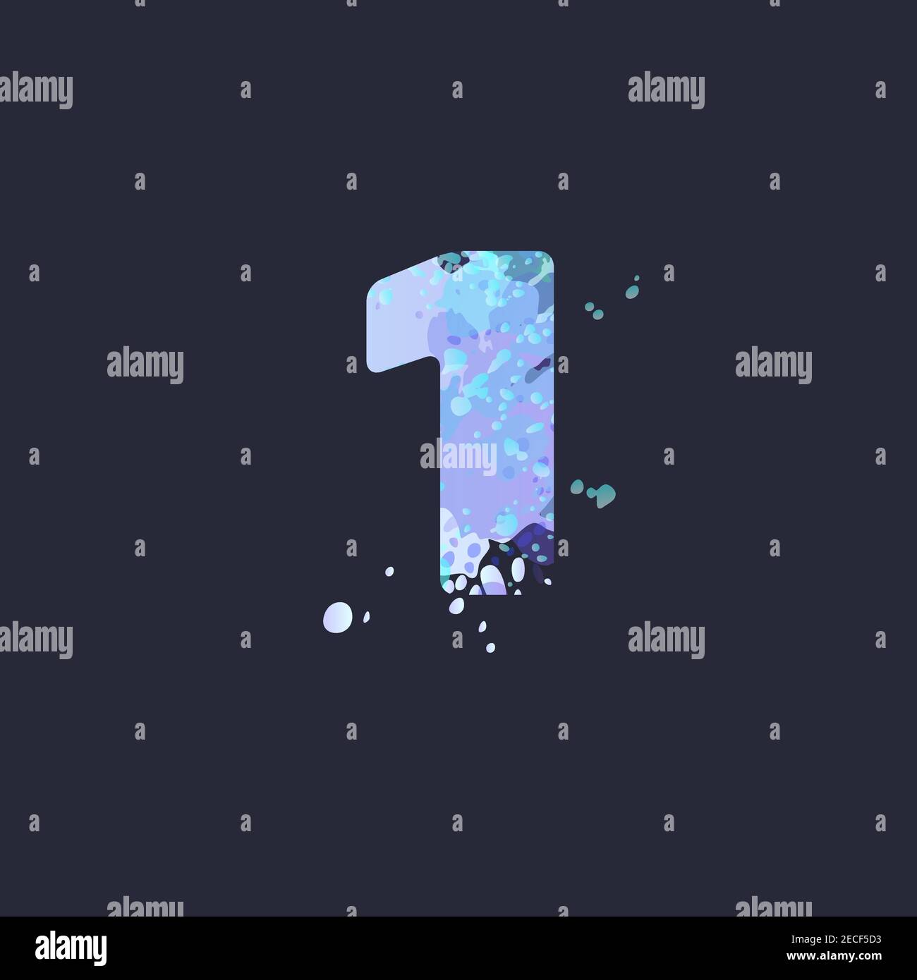 Bold number 1 with effect of liquid spots of paint in blue, white ...