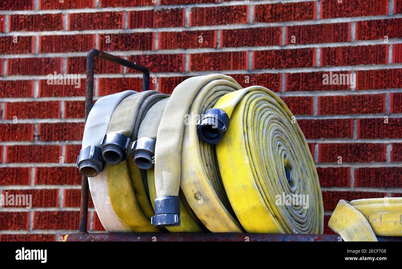 Group of fire hoses sit coiled on a metal rack outside of a red brick ...