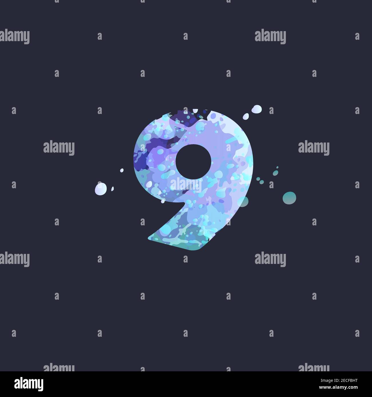 Bold number 9 with effect of liquid spots of paint in blue, white ...