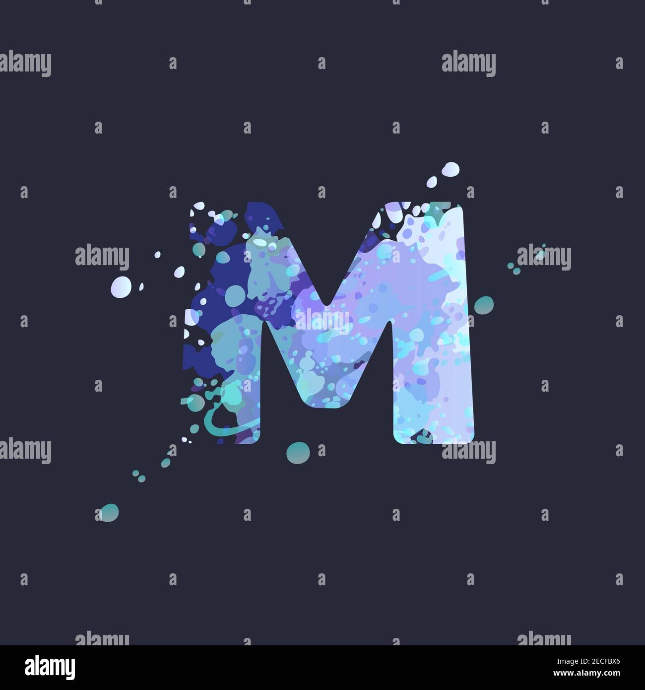Bold letter M with effect of liquid spots of paint in blue, white ...