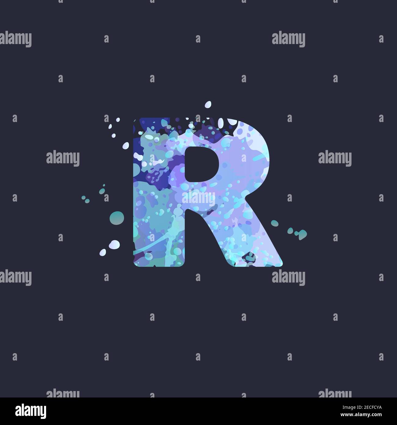 Bold letter R with effect of liquid spots of paint in blue, white ...