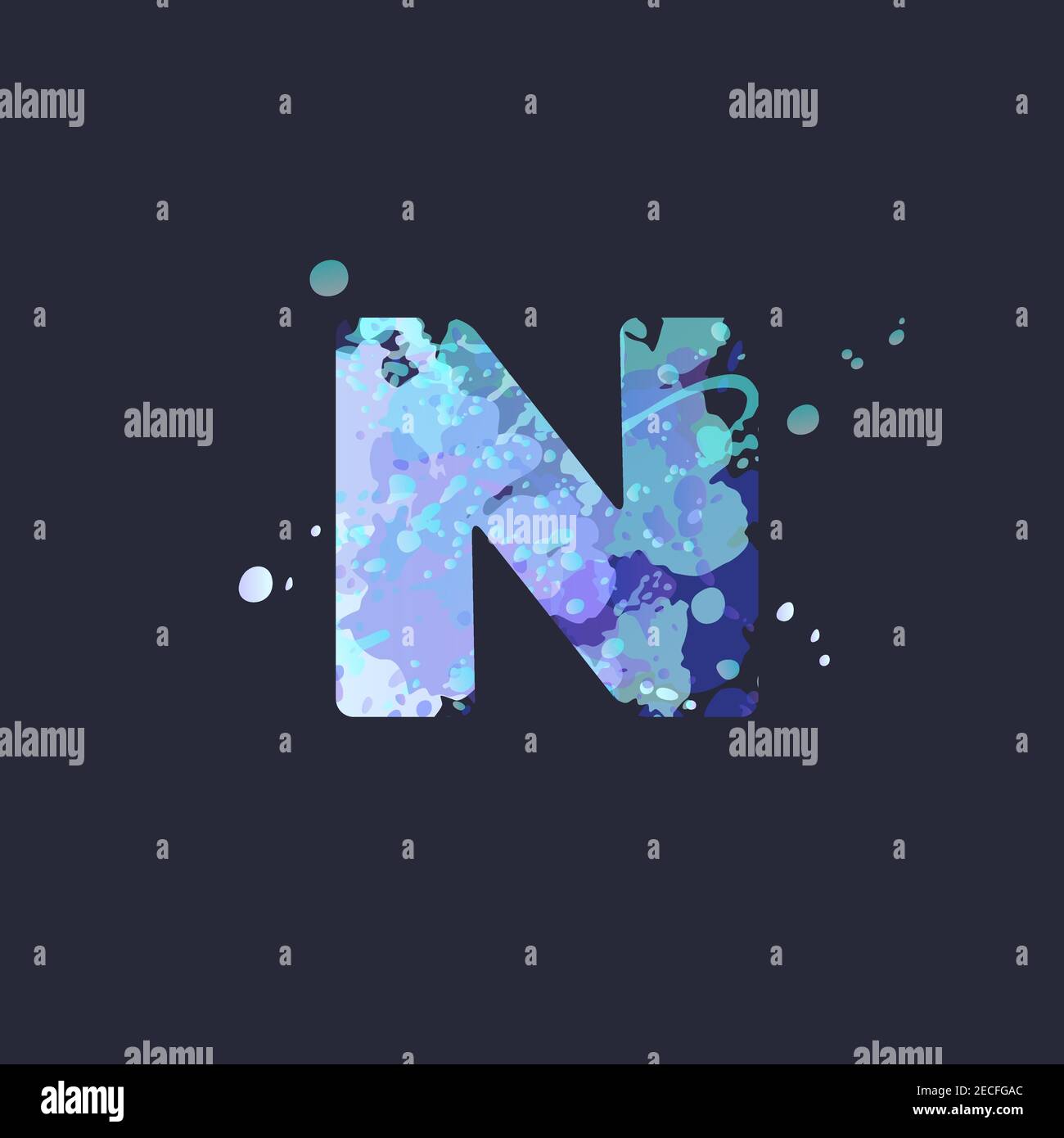 Bold letter N with effect of liquid spots of paint in blue, white ...