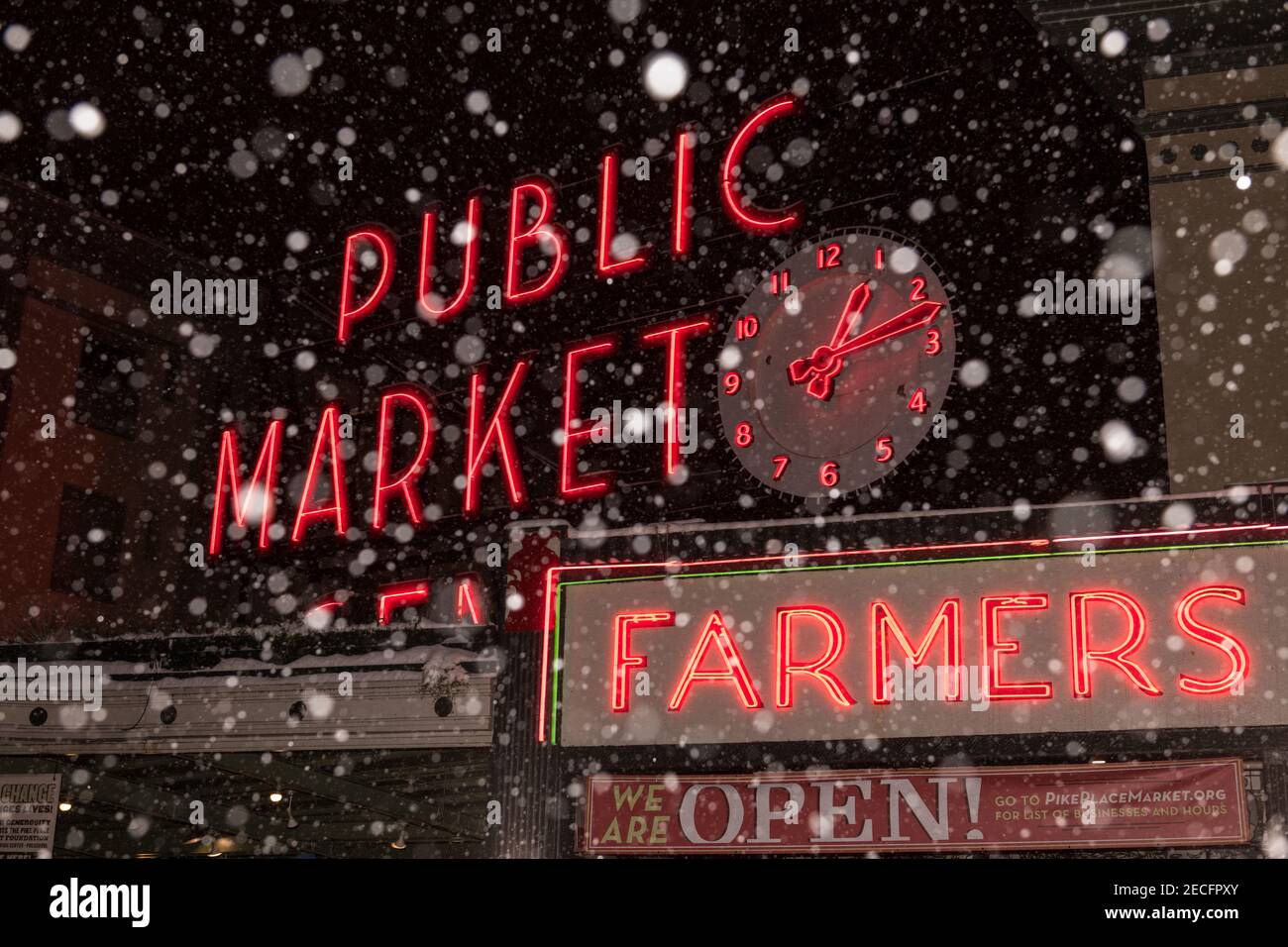 Seattle, USA. 13th Feb, 2021. Early in the morning the iconic neon Pike ...